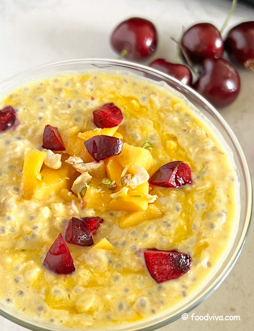 Mango Overnight Oats with Chia Seeds, Yogurt and Mango Puree